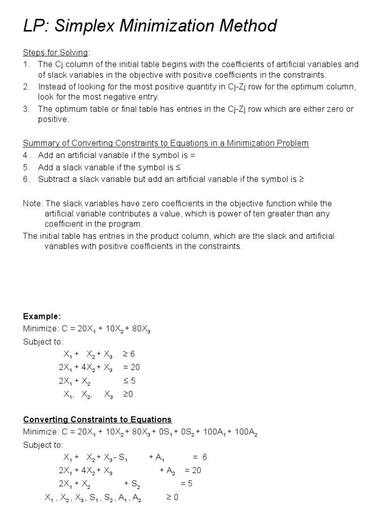 Linear Programming (Simplex Min Method Exercise) - SOLUTIONS | PDF | Linear Programming ...