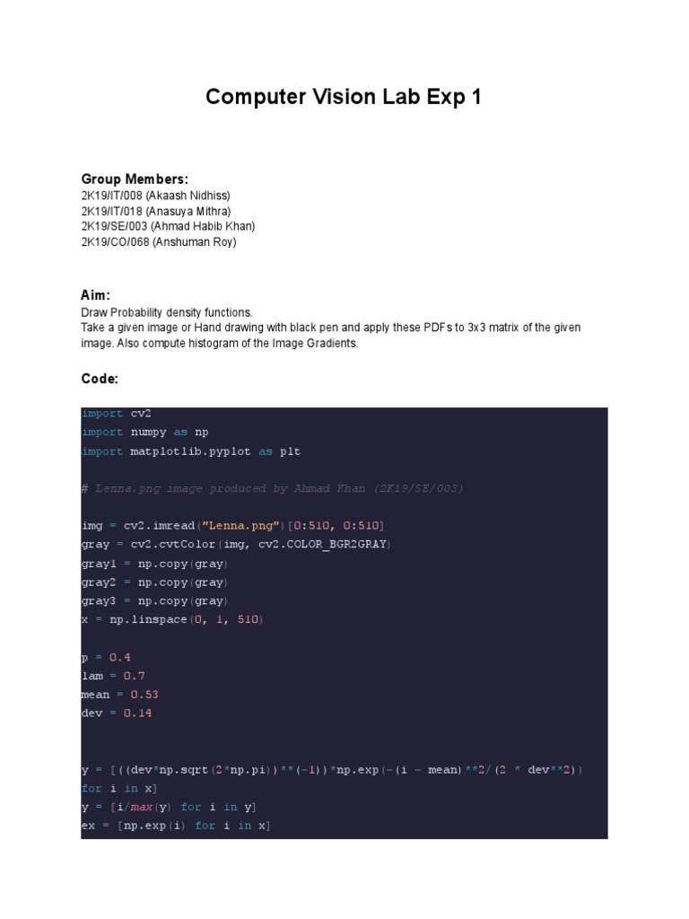 Computer Vision Lab Exp 1: Group Members | Download Free PDF | Applied ...