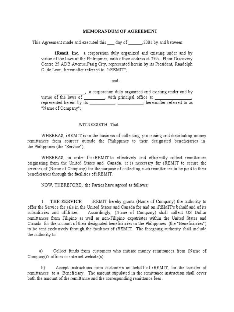 Memorandum of Agreement for Money Remittance Partnership | PDF ...