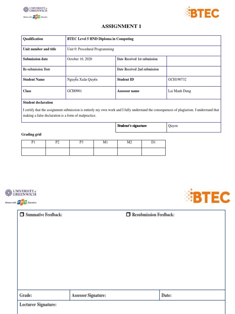 Assignment 1: Qualification BTEC Level 5 HND Diploma in Computing | PDF | Subroutine | Integer ...