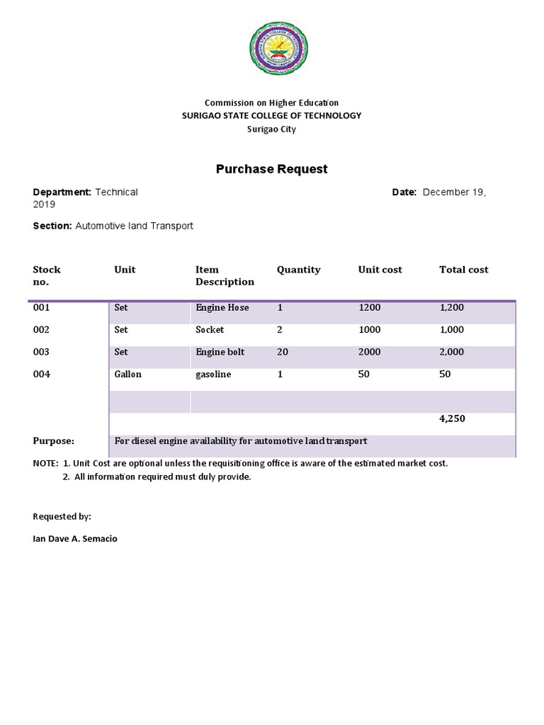 Purchase Request: Surigao State College of Technology | PDF