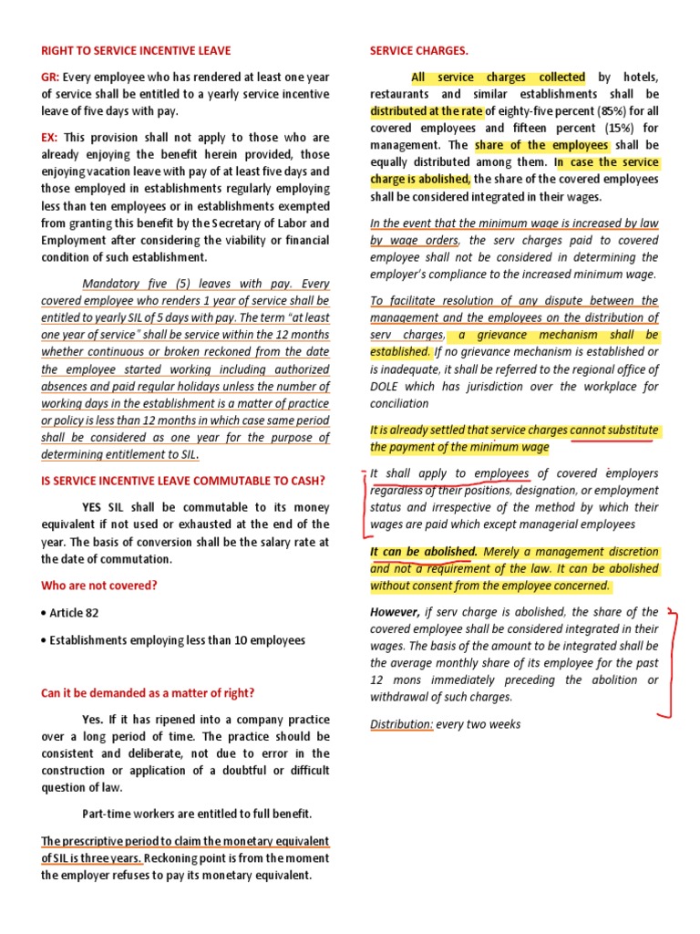 Right To Service Incentive Leave GR: Service Charges.: YES SIL Shall Be ...