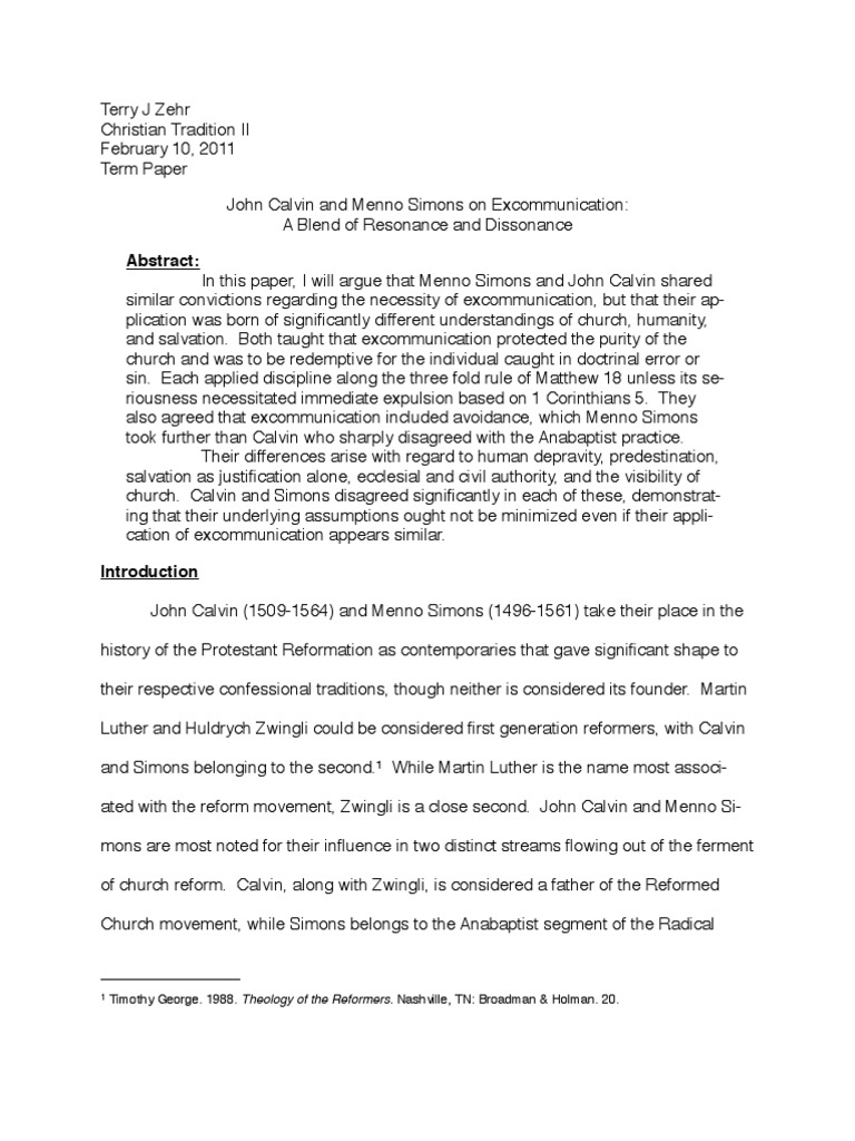 Calvin Simons Excommunication Term Paper | PDF | Christian Church ...