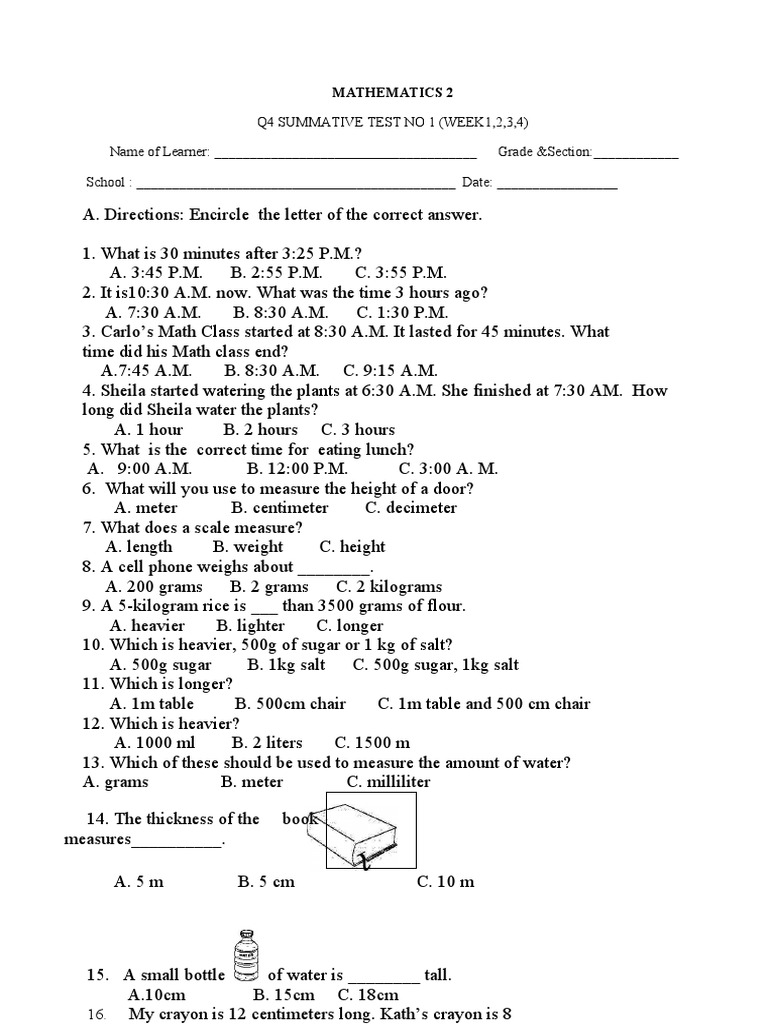 Summative Test in Q4 Math 2 - No.1 | PDF | Metrology
