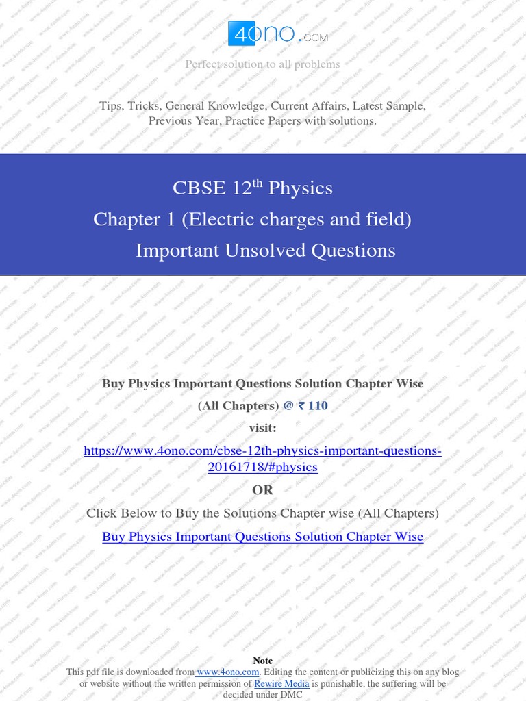 Cbse 12 Physics Chapter 1 (Electric Charges and Field) Important ...