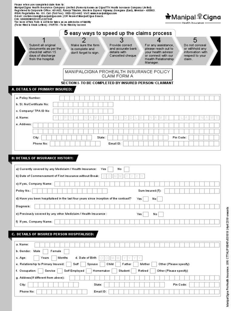 ProHealth ClaimFormA Apr19 | PDF | Identity Document
