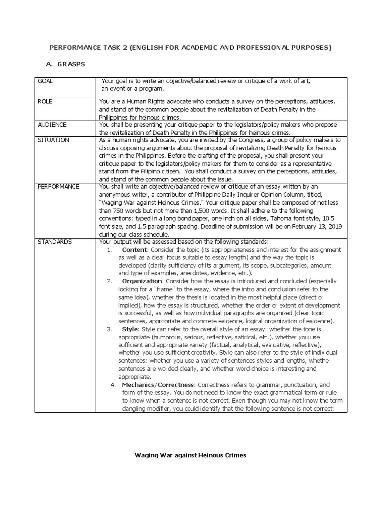 Performance Task 2 (English For Academic and Professional Purposes) A ...