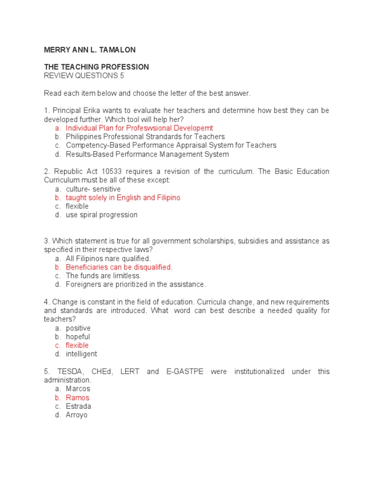 Teaching Profession Review Questions | PDF | Teachers | Curriculum