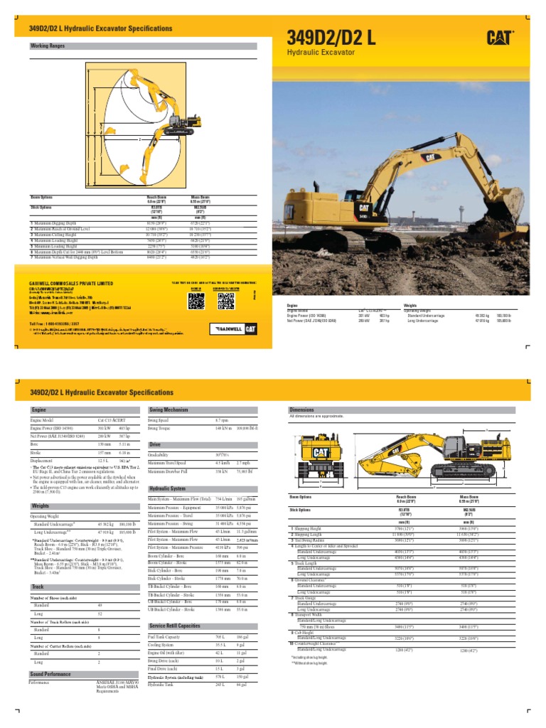 349D2/D2 L Hydraulic Excavator Specifications | PDF | Horsepower | Vehicles