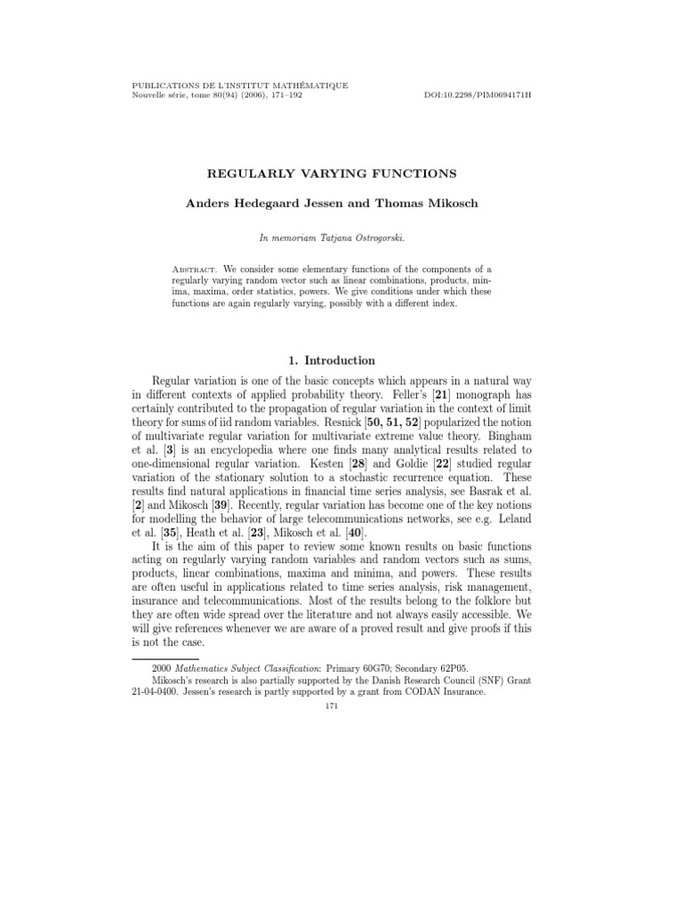 2006 Jessen - Mikosch Regularly Varying Functions | PDF | Stochastic Process | Stationary Process