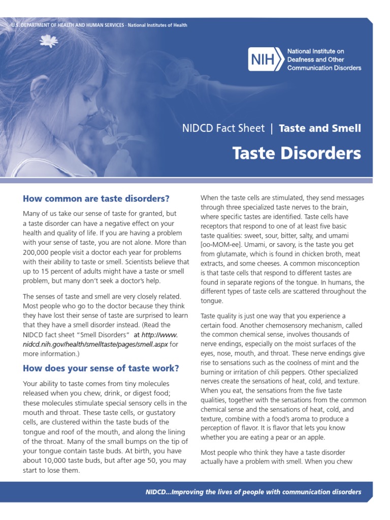 Taste Disorders: NIDCD Fact Sheet - Taste and Smell | PDF | Taste | Senses