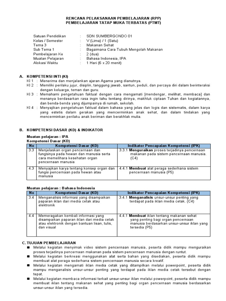 RPP Problem Based Learning (PBL) Kelas V Tema 3 Makanan Sehat Subtema 1 ...