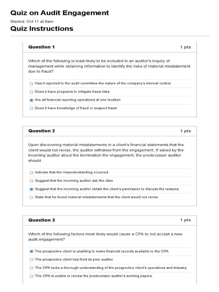 Quiz On Audit Engagement | PDF | Going Concern | Audit