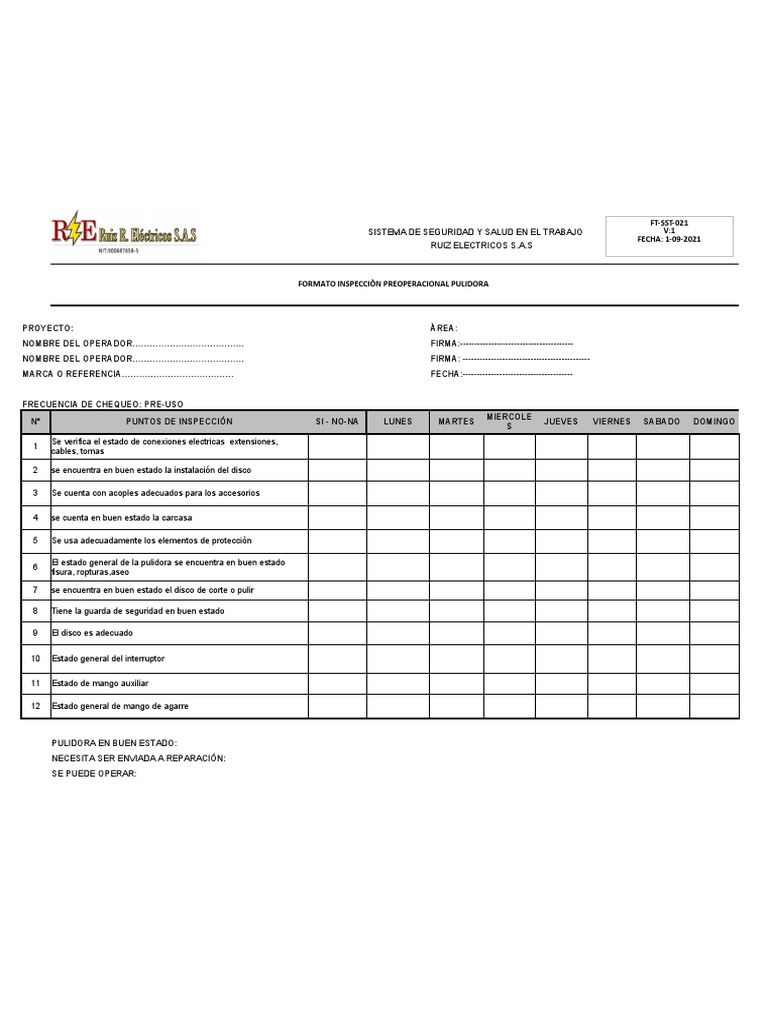 FR-SST-021 Inspeccion Preoperacional Pulidora | PDF | Ingenieria ... FR-SST-021 Inspeccion Preoperacional Pulidora | PDF | Ingenieria ...