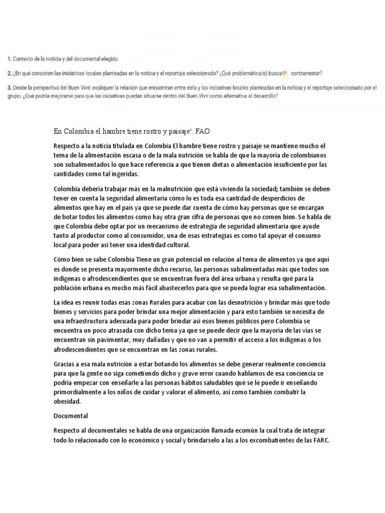 En Colombia El Hambre Tiene Rostro Y Paisaje Pdf Alimentos