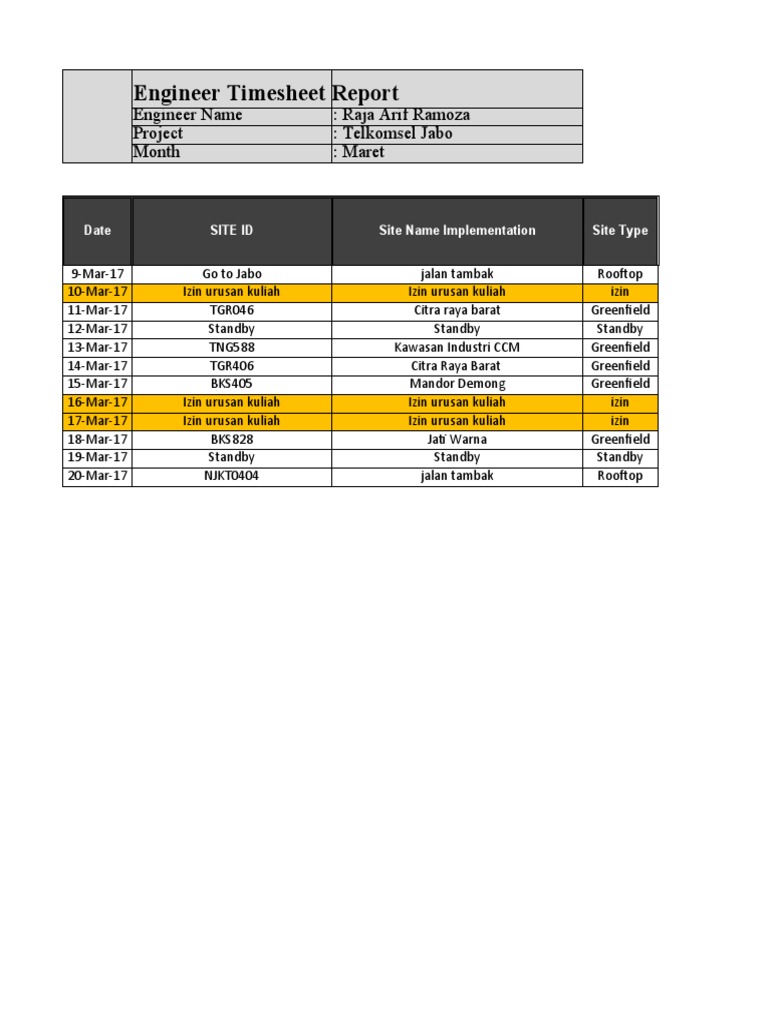 Engineer Timesheet Report: Engineer Name: Raja Arif Ramoza Project ...