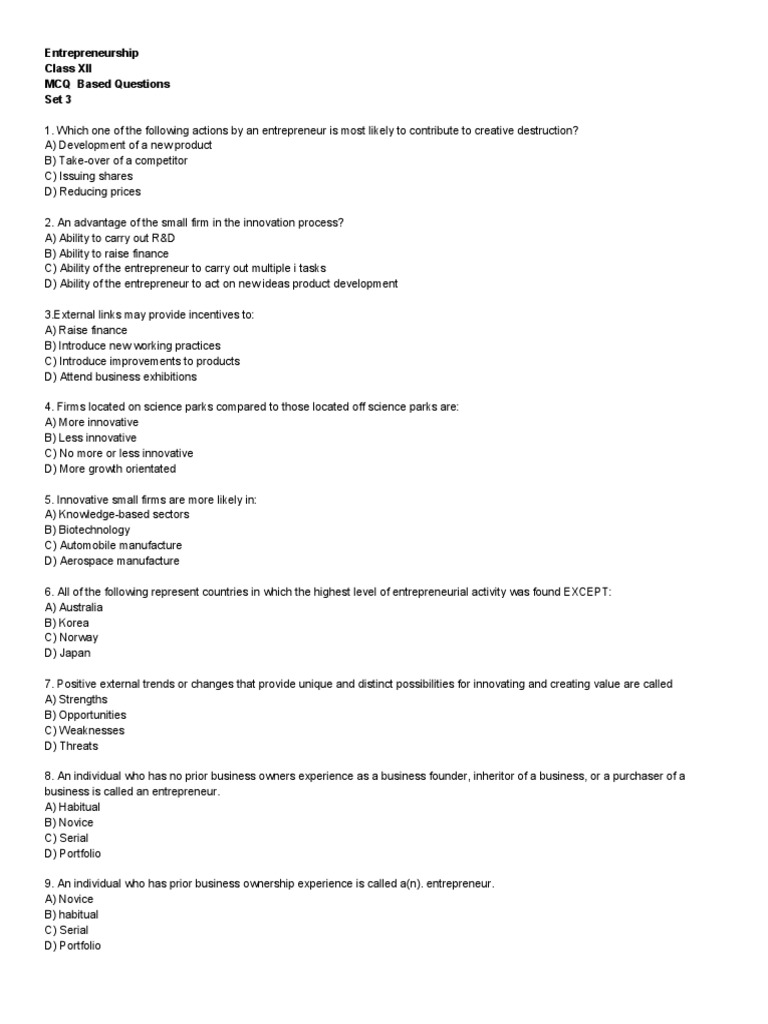 Entrepreneurship Class XII MCQ Based Questions Set 3 | PDF ...