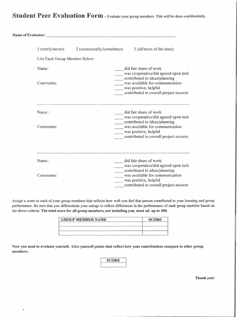 Student Peer Evaluation Form | PDF | Cognition | Education Theory