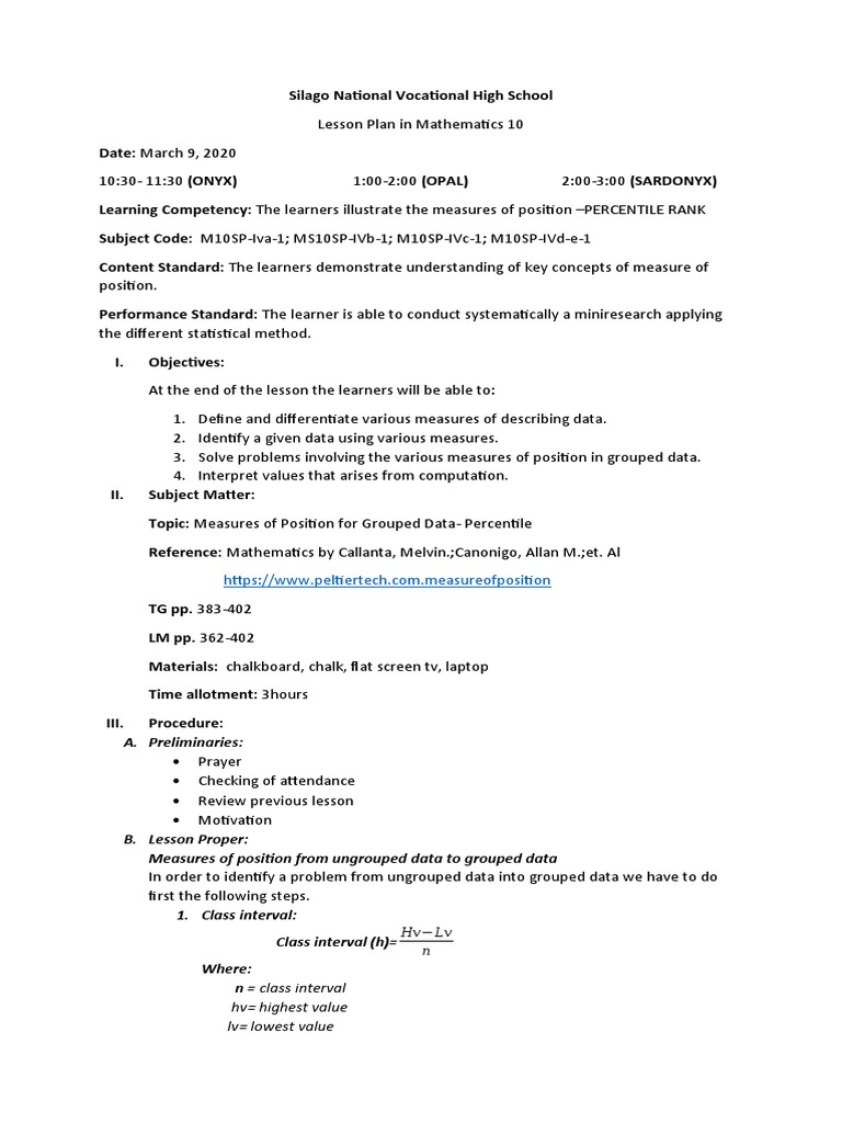 Lesson Plan Grouped-Percentile Rank | PDF | Percentile | Statistics