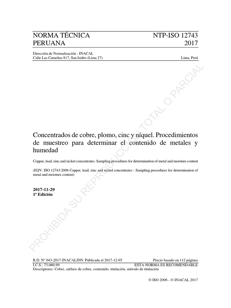 Ntp-Iso 12743 | PDF | Muestreo (Estadísticas) | Organización internacional para la estandarización