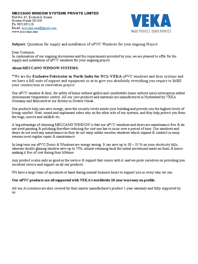 Quotation for Supply and Installation of uPVC Windows for an Ongoing ...