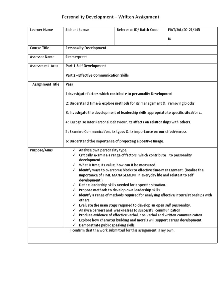 Personality Development - Written Assignment: Part 1-Self Development ...