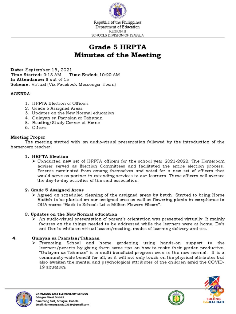 HRPTA Minutes 2021 1st | PDF | Education Theory | Cognition