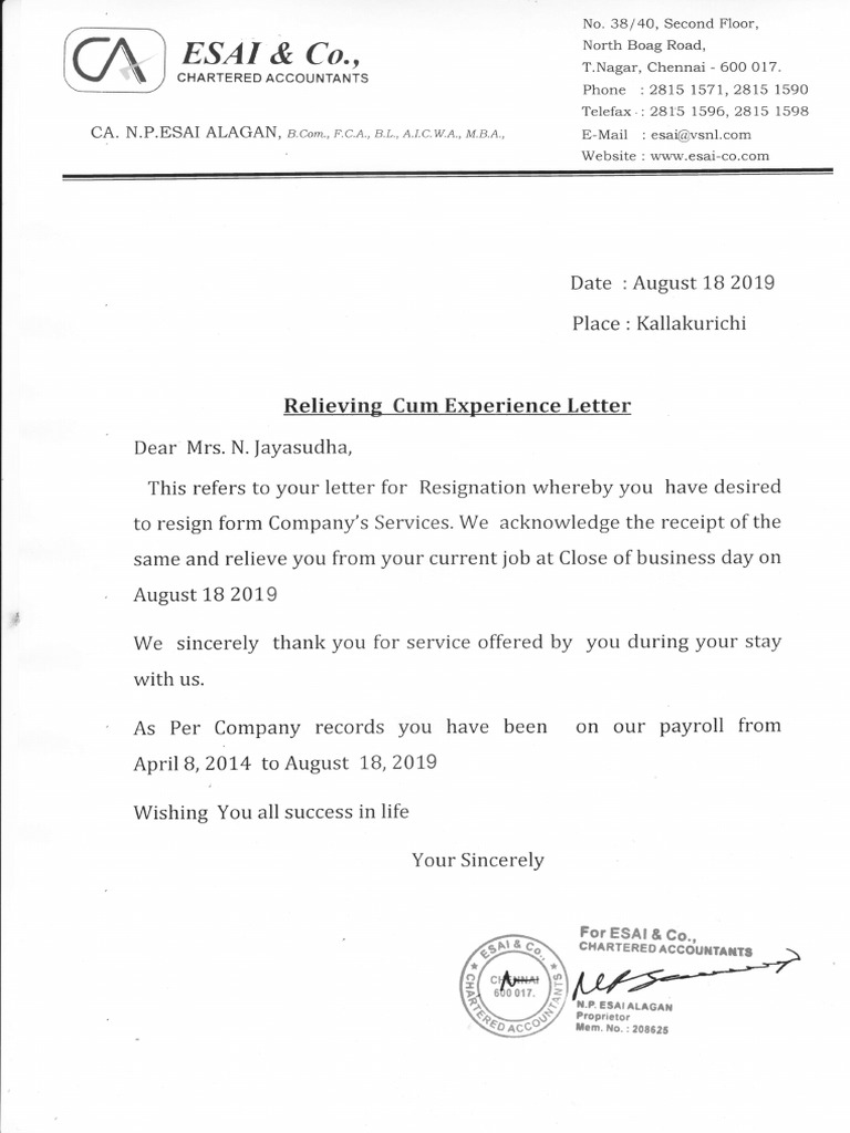 Jaya Experience Letter | PDF