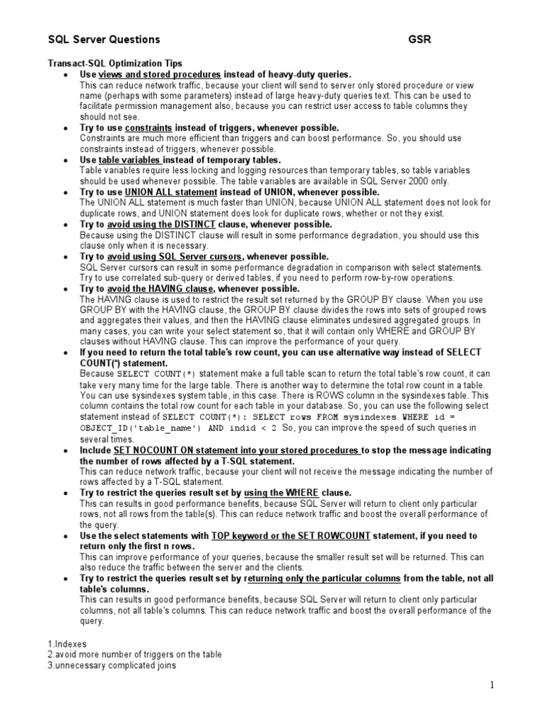 SQL Server Questions GSR | Download Free PDF | Database Index ...