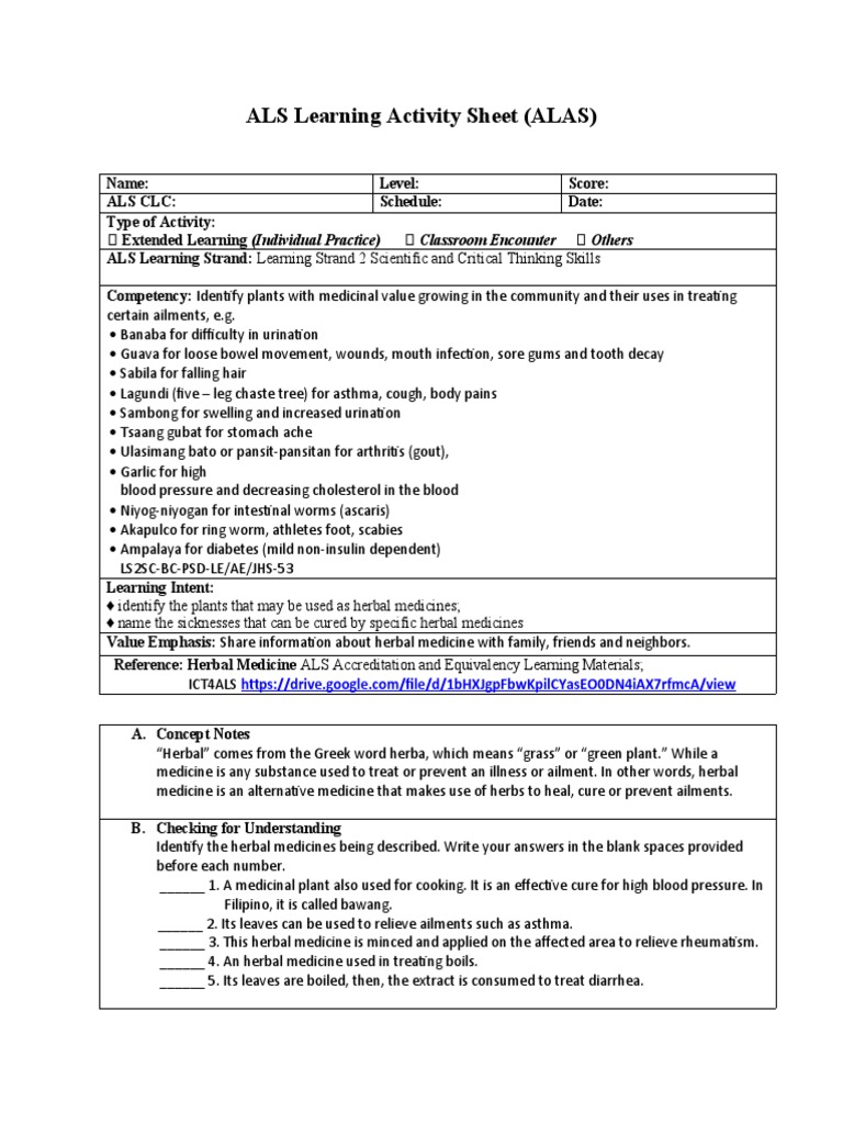 Herbal Medicine Learning Activity Sheet | PDF | Drink | Water