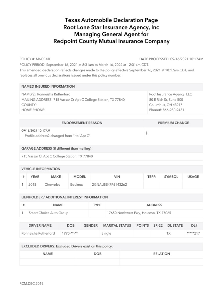 Root Declarations Page 20210916 | PDF | Insurance | Deductible