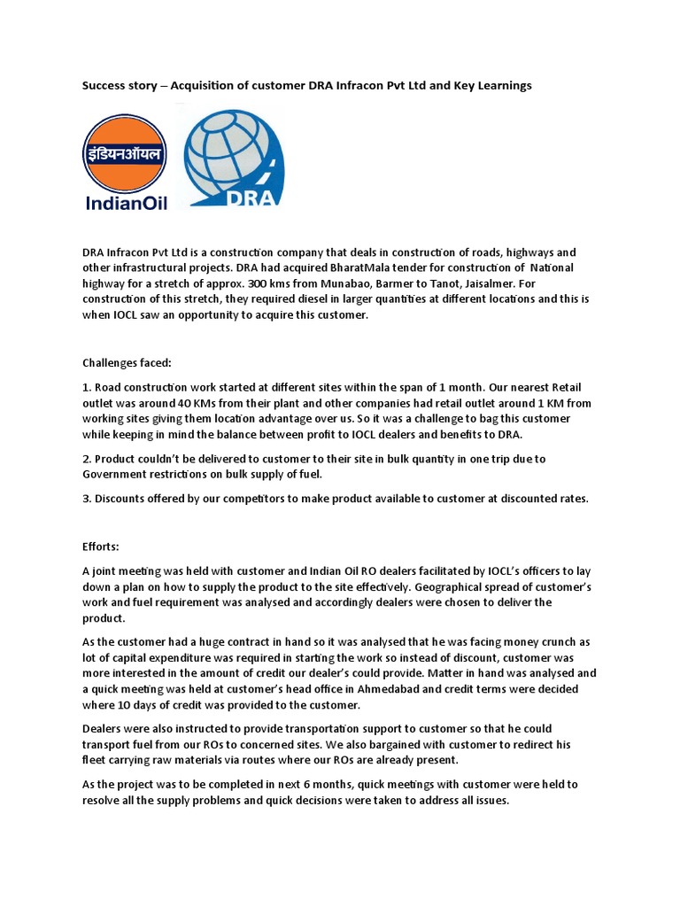 Success Story - Acquisition of Customer DRA Infracon PVT LTD and Key ...