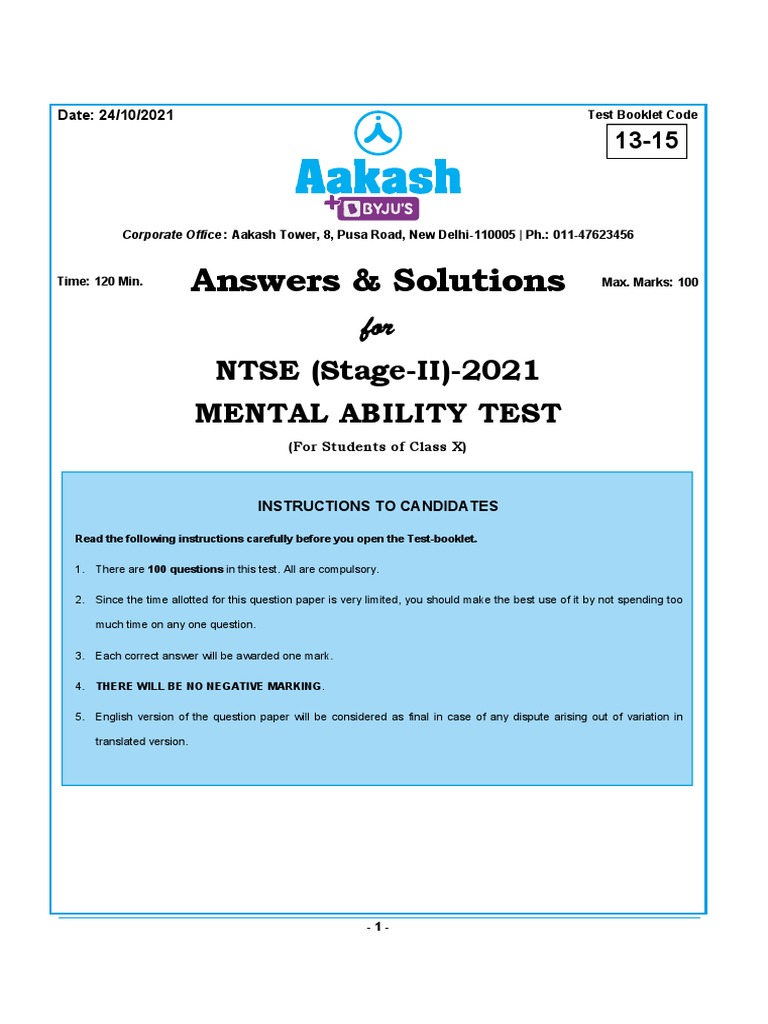 Answers & Solutions: NTSE (Stage-II) - 2021 Mental Ability Test | PDF ...