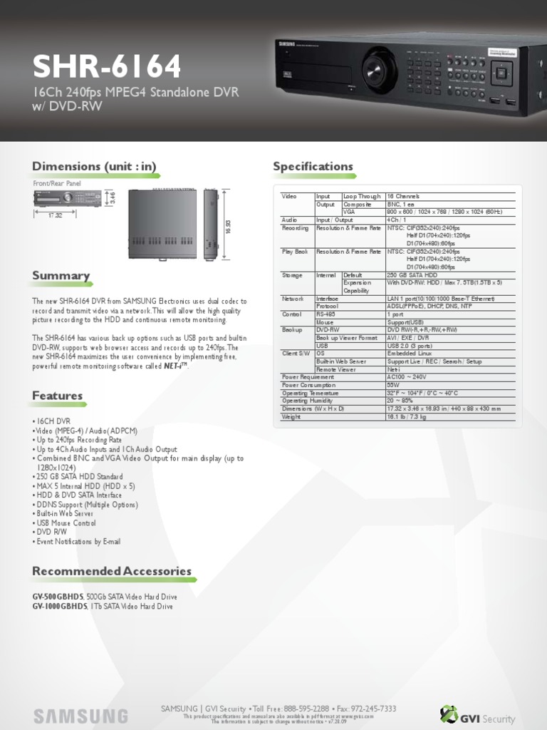 16Ch 240fps MPEG4 Standalone DVR W/ DVD-RW: Specifications Dimensions ...