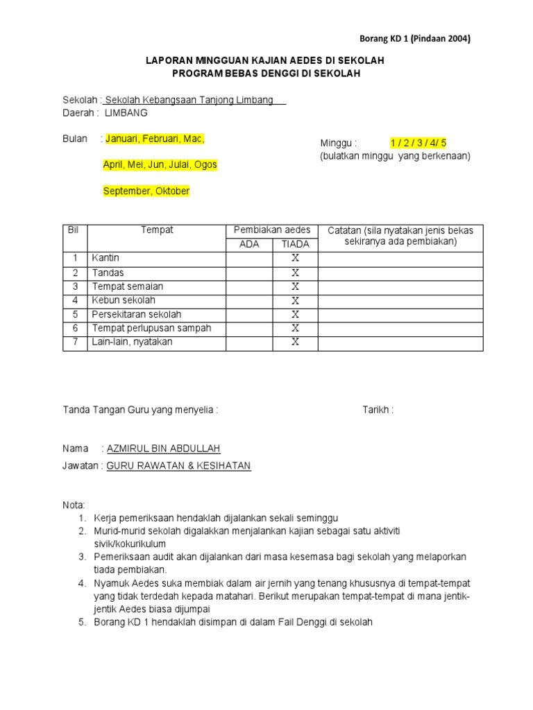 Borang Laporan Denggi Kd2 Dan Kd1 2021 | PDF