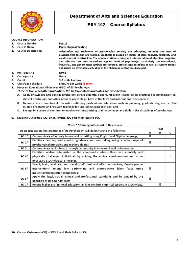 Department of Arts and Sciences Education PSY 102 - Course Syllabus | PDF | Educational ...