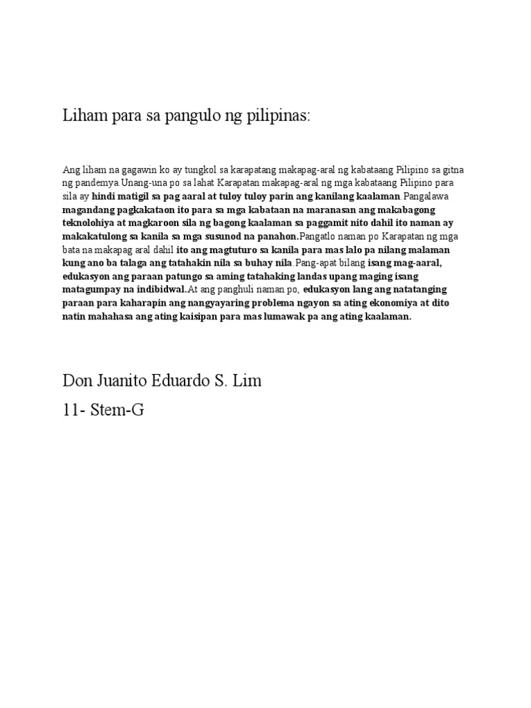 Liham para Sa Pangulo NG Pilipinas | PDF Liham para Sa Pangulo NG Pilipinas | PDF