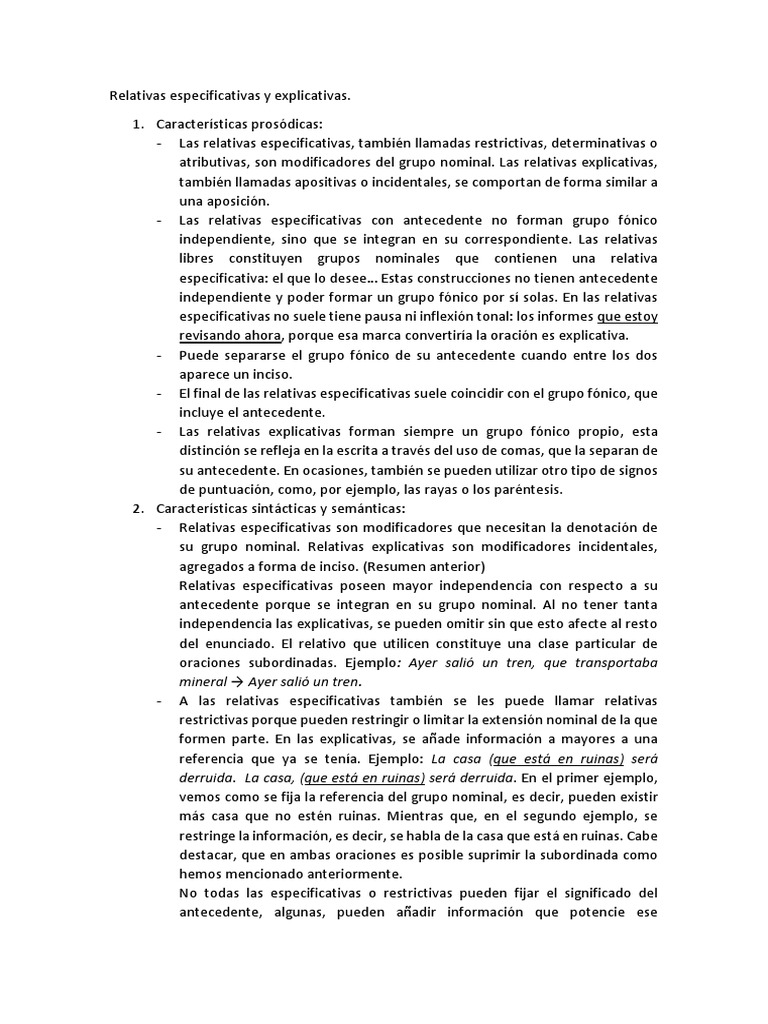 Relativas Especificativas y Explicativas | PDF | Oración (Lingüística ...