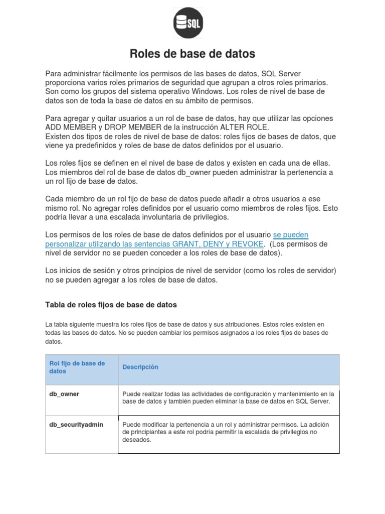 Roles de Base de Datos | PDF | Servidor SQL de Microsoft | Desarrollo ...