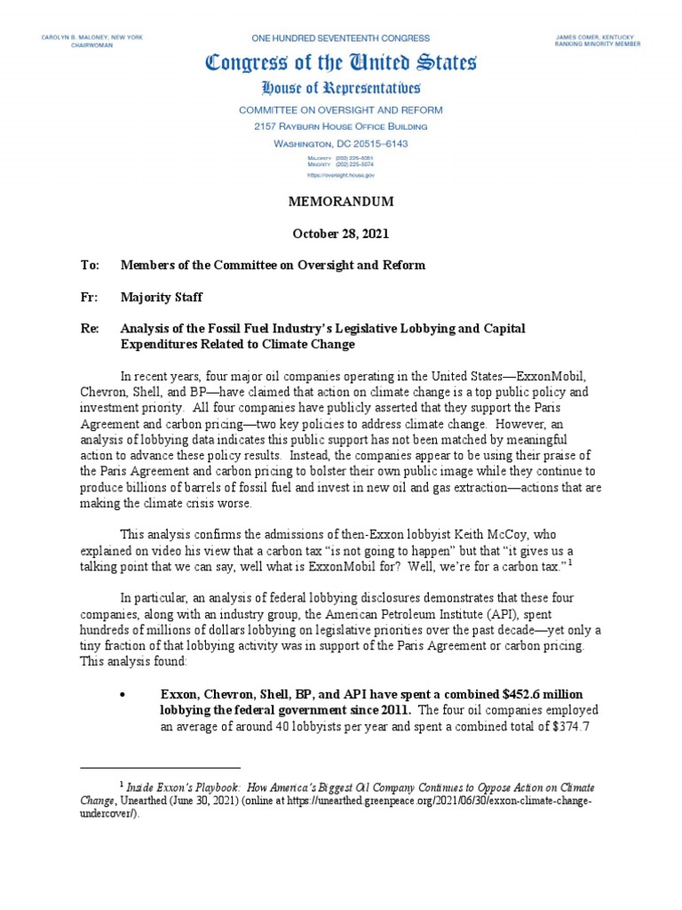 House Report On Big Oil Lobbying | PDF | Bp | Exxon Mobil