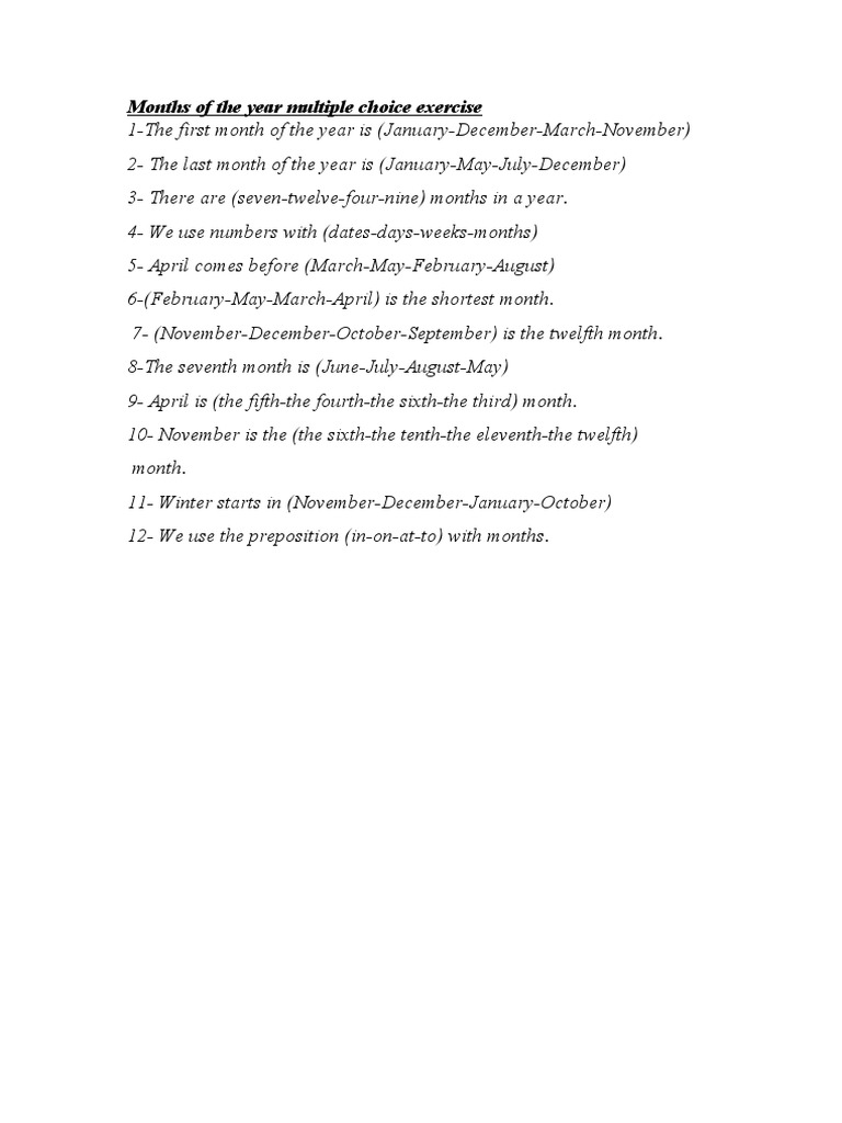 Months of The Year Multiple Choice Exercise | PDF | Foreign Language ...
