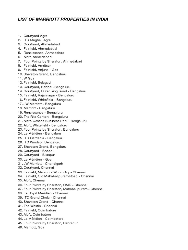 List of Marriott Properties in India | PDF | Hotel | Hospitality Companies