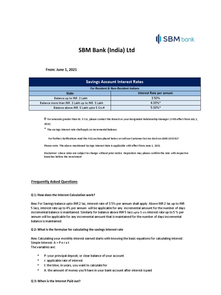 SBM Bank (India) LTD: From: June 1, 2021 | PDF | Interest | Interest Rates