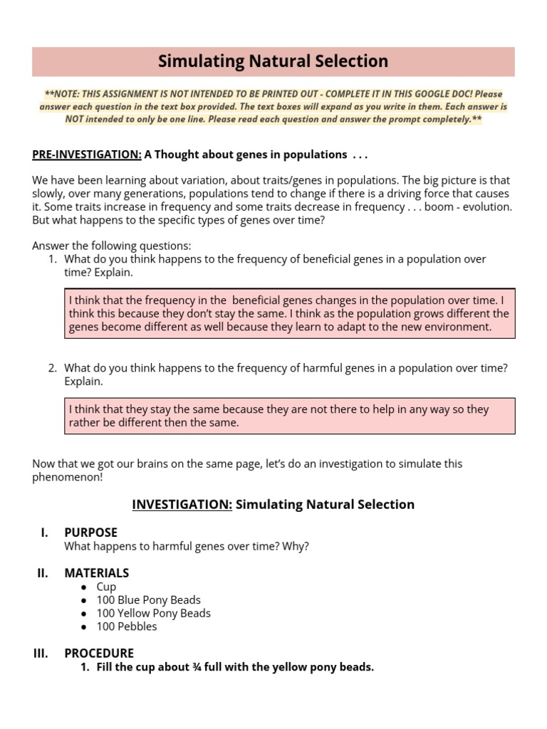 Natural Selection Simulation Lab | PDF | Evolution | Gene