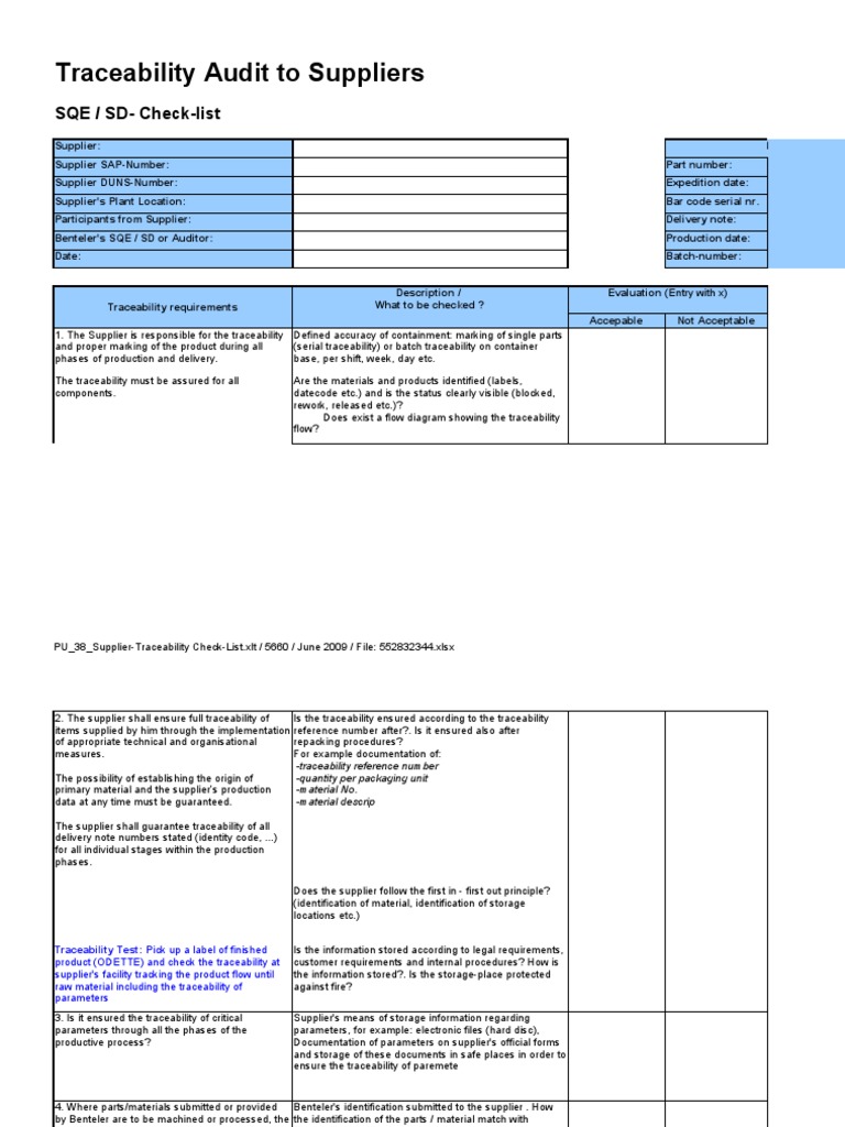 Supplier Traceability Audit Checklist | PDF | Audit | Packaging And ...