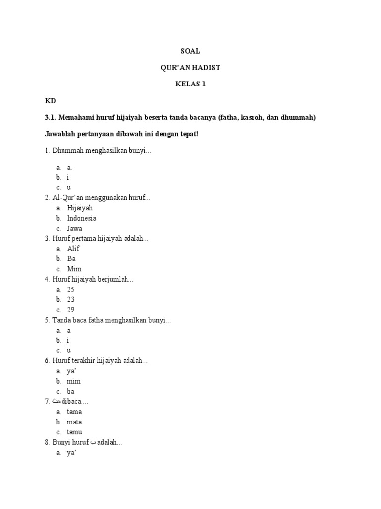 Soal Uts Quran Hadist Kelas - Sem.1 | PDF
