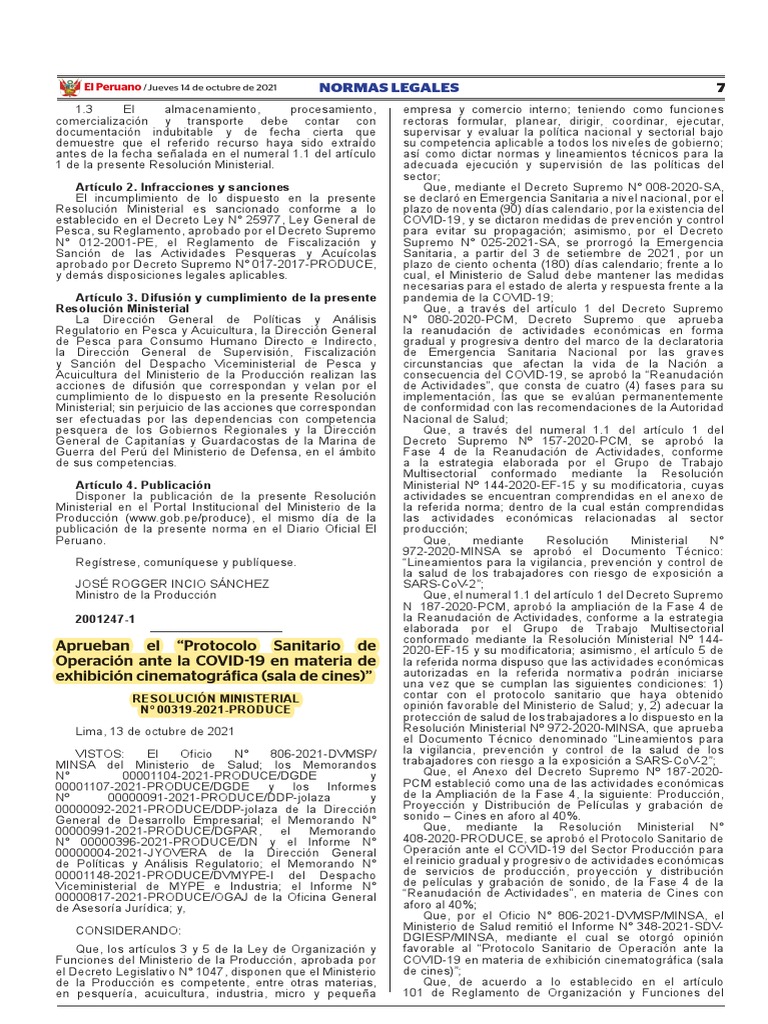 RM 319-2021-PRODUCE Protocolo COVID-19 Cines Deroga RM 319-2021-PRODUCE | PDF | Lavado de manos ...