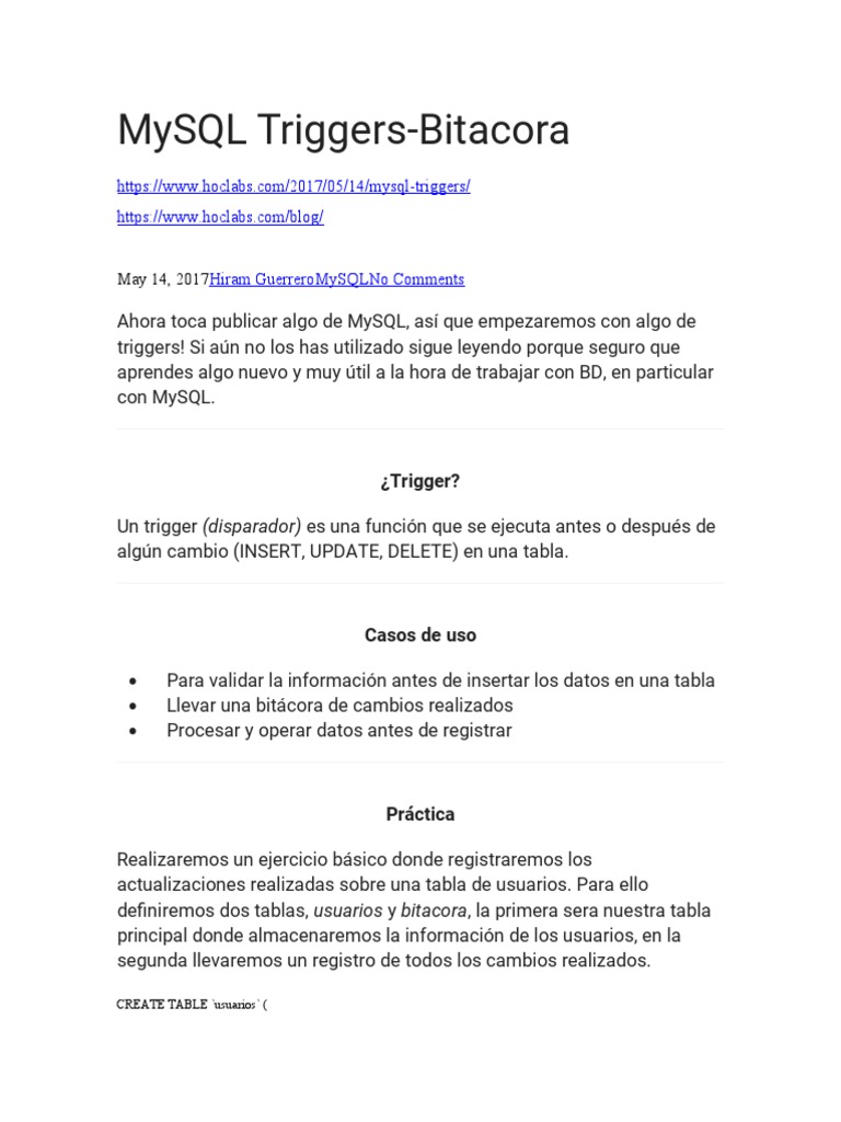 MySQL Triggers Bitacora | PDF | Informática | Programación de computadoras