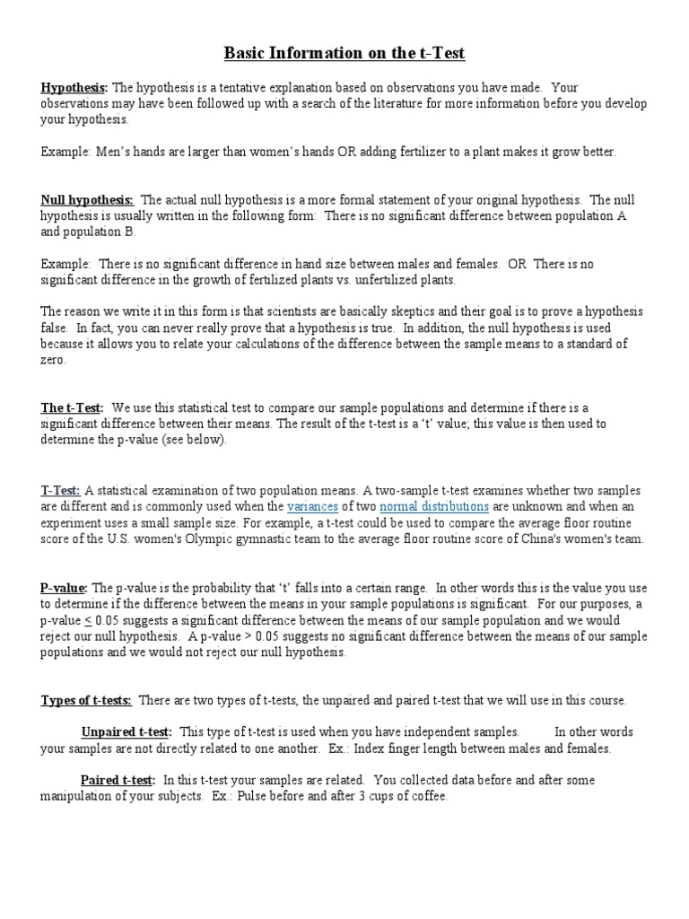 Basic Information On The T-Test | PDF | Student's T Test | P Value