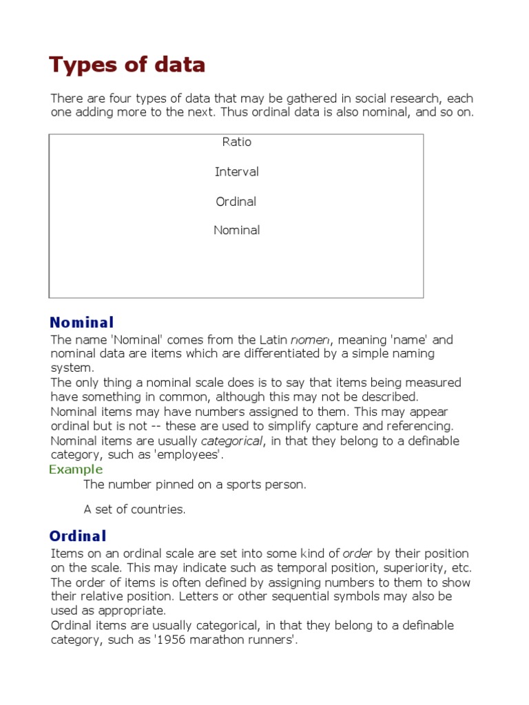 Types of Data: Nominal | PDF | Level Of Measurement | Ratio